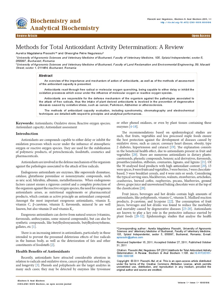 Methods For Total Antioxidant Activity Determination A Review 2161 1009 ...
