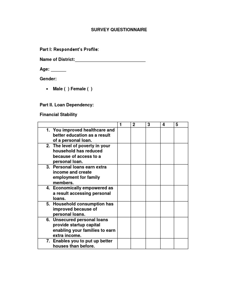 Survey Questionnaire | PDF | Loans | Quality Of Life
