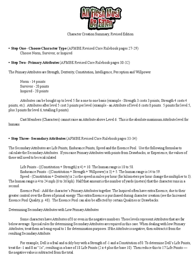 AFMBE Character Creation Summary | PDF | Minority Group | Disability