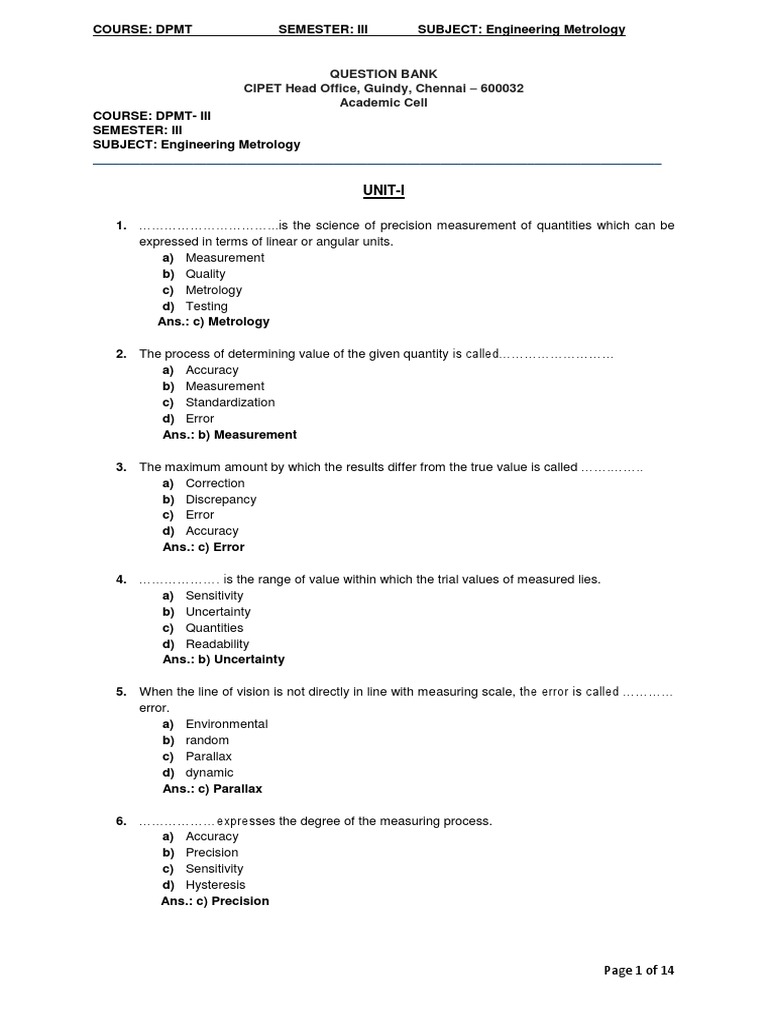 Engineering Metrology Question Bank | PDF | Accuracy And Precision ...