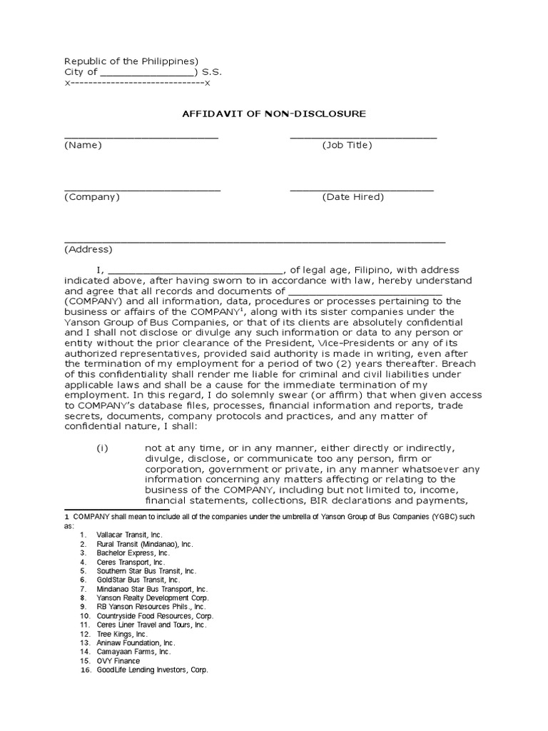 Affidavit Non Disclosure | Confidentiality | Affidavit