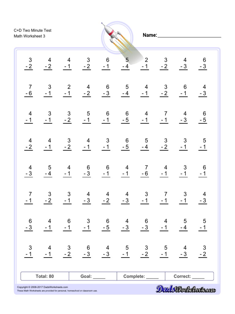 C+D Two Minute Test Math Worksheet 3: Total: 80 Goal: - Complete ...
