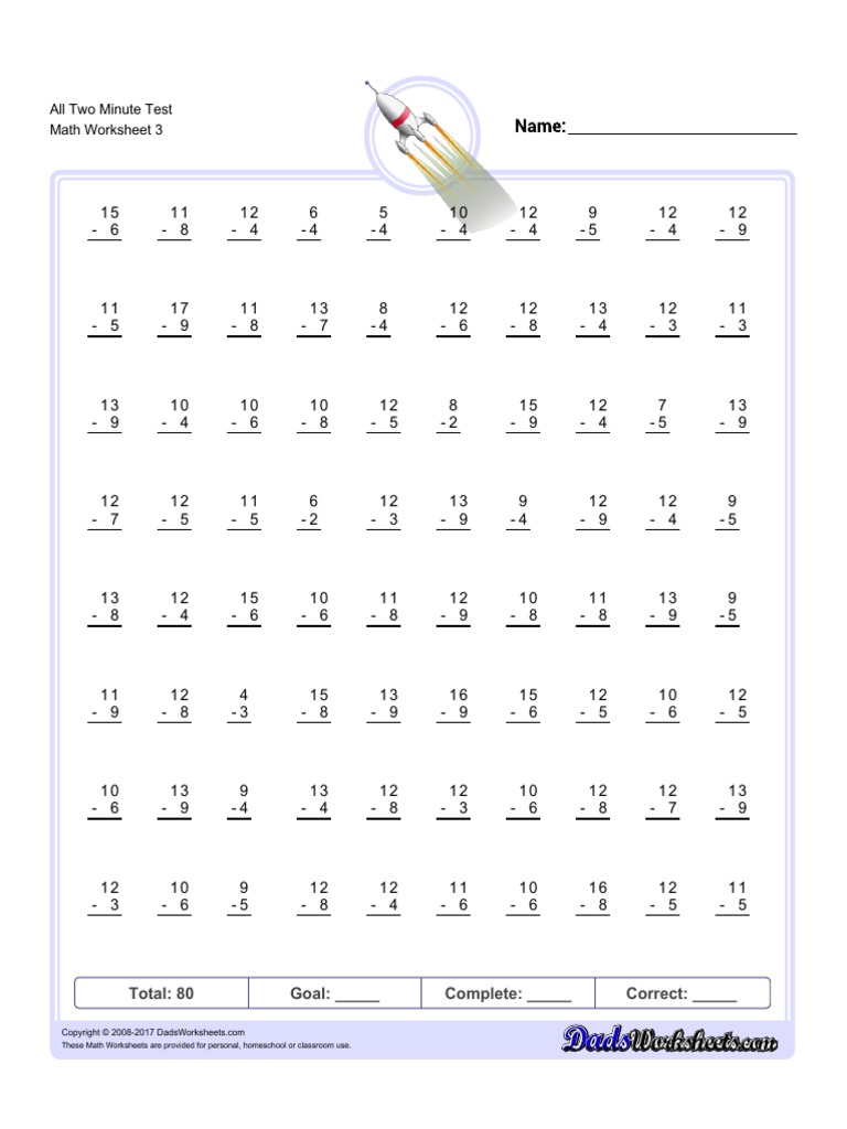 All Two Minute Test Math Worksheet 3: Total: 80 Goal: - Complete ...