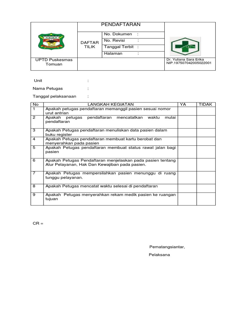 7.1.1.3 Daftar Tilik Monitoring Pendaftaran | PDF