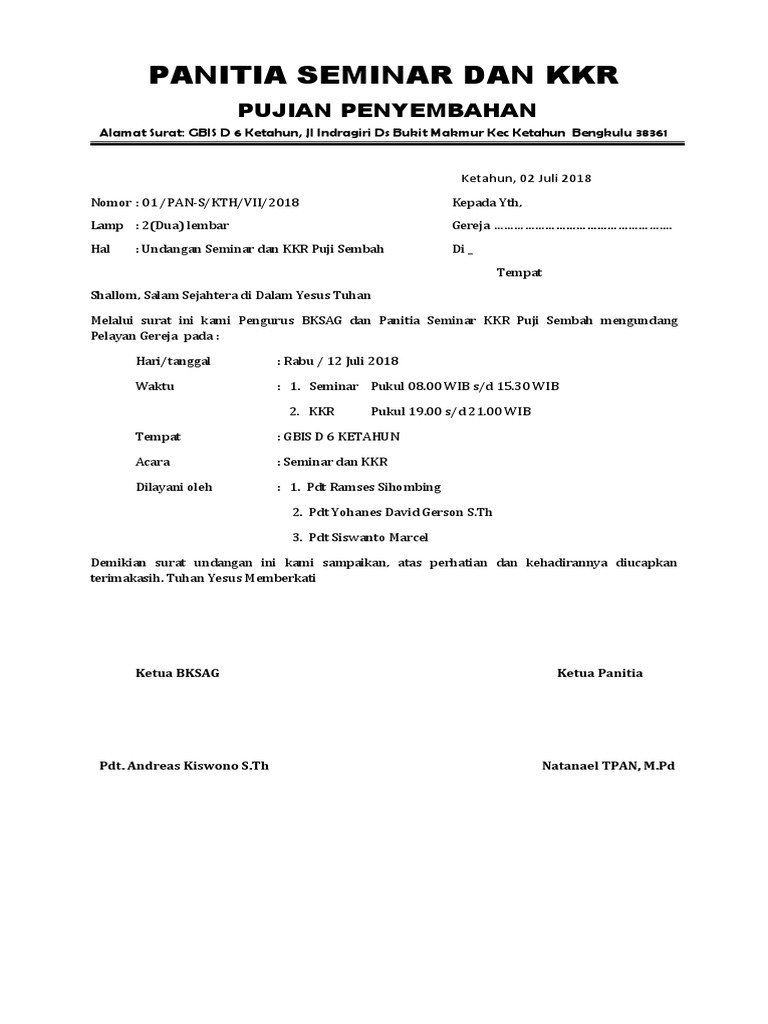Undangan Panitia Seminar Dan KKR Pujian Dan Penyembahan | PDF