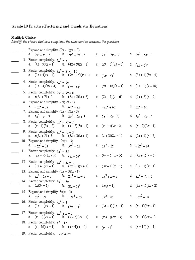 Grade 10 Practice Factoring and Quadratic Equations | PDF ...