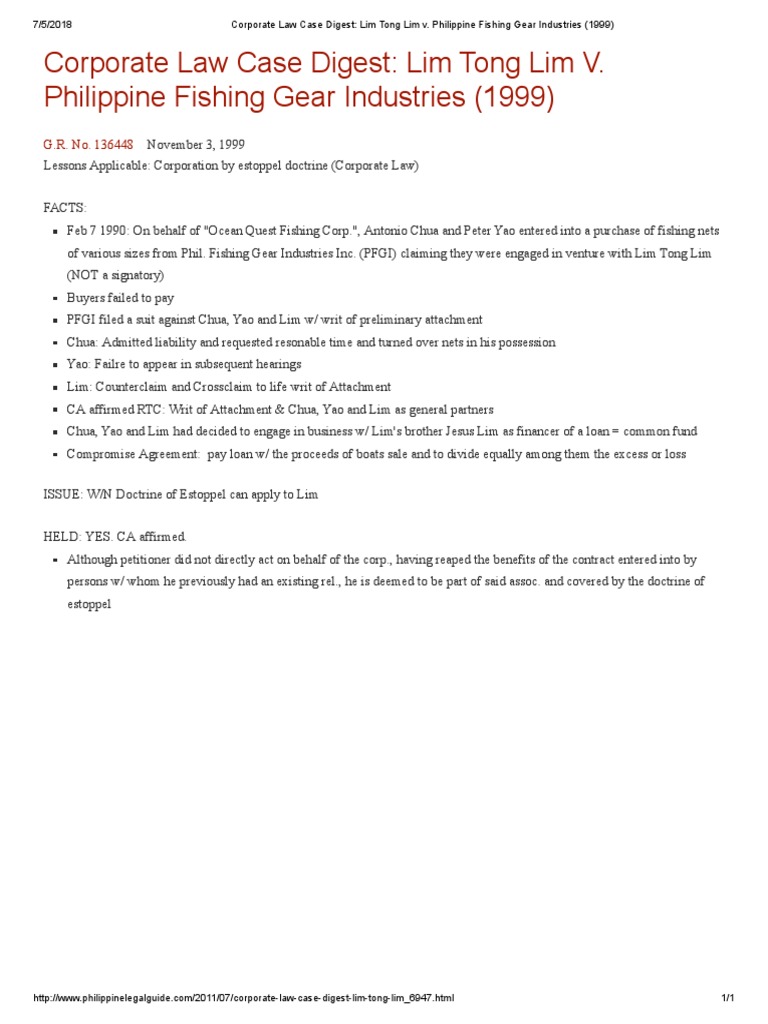 Lim Tong Lim v. Philippine Fishing Gear Industries (1999) - Corporate Law Case Digest | PDF