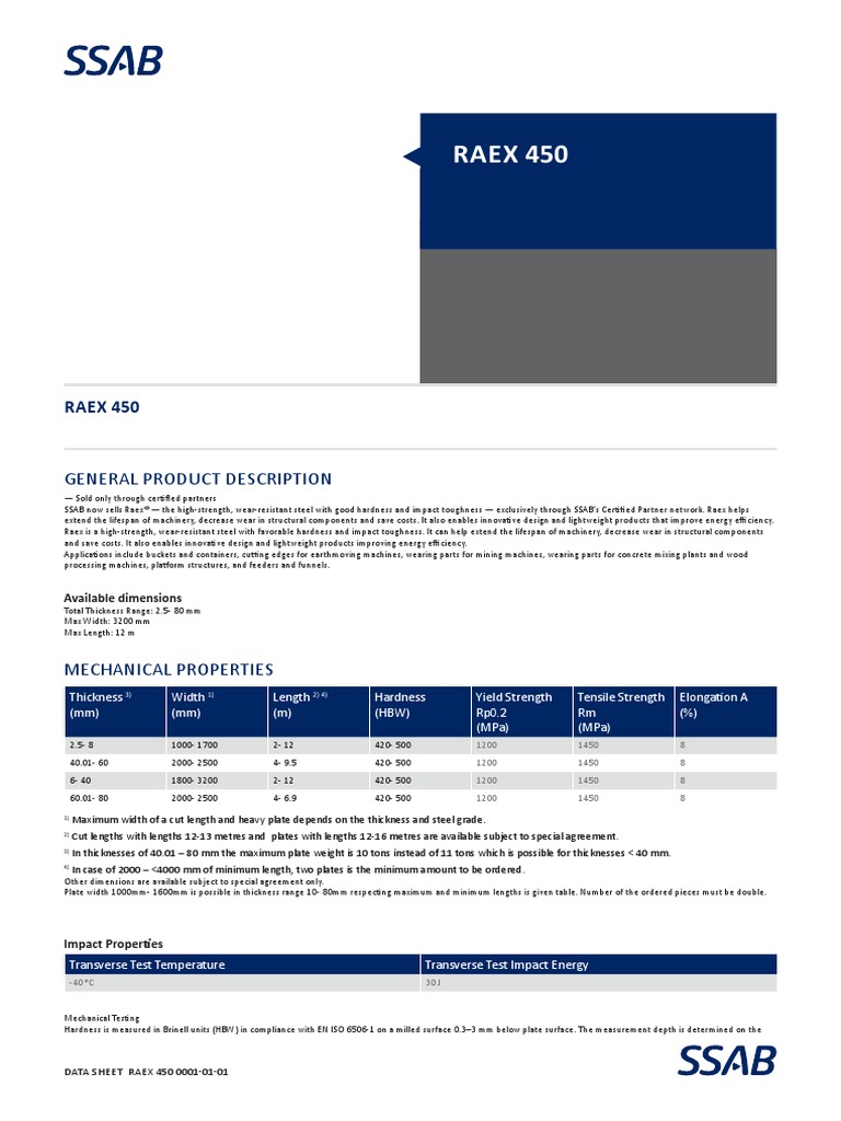 Data Sheet Raex 450 | PDF | Strength Of Materials | Hardness