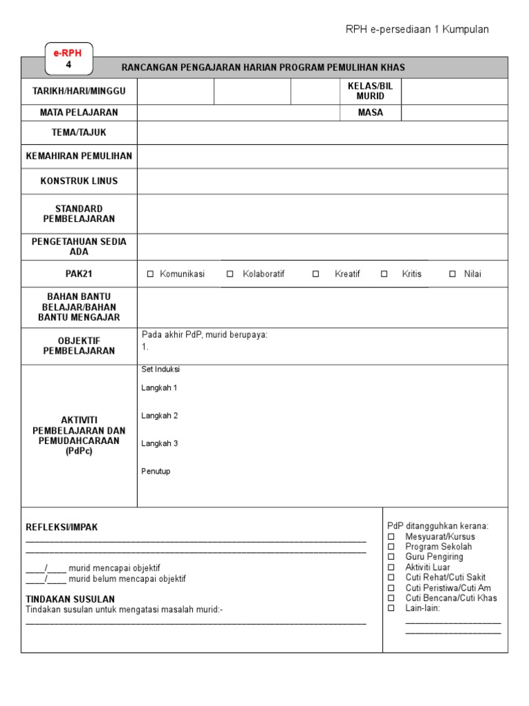Templet Kosong RPH E-Persediaan 1 Kumpulan Bahasa Melayu - Matematik | PDF