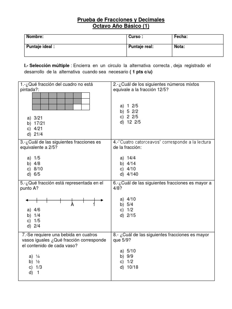 Prueba-de-Fracciones-OCTAVO BASICO.docx | Fracción (Matemáticas ...
