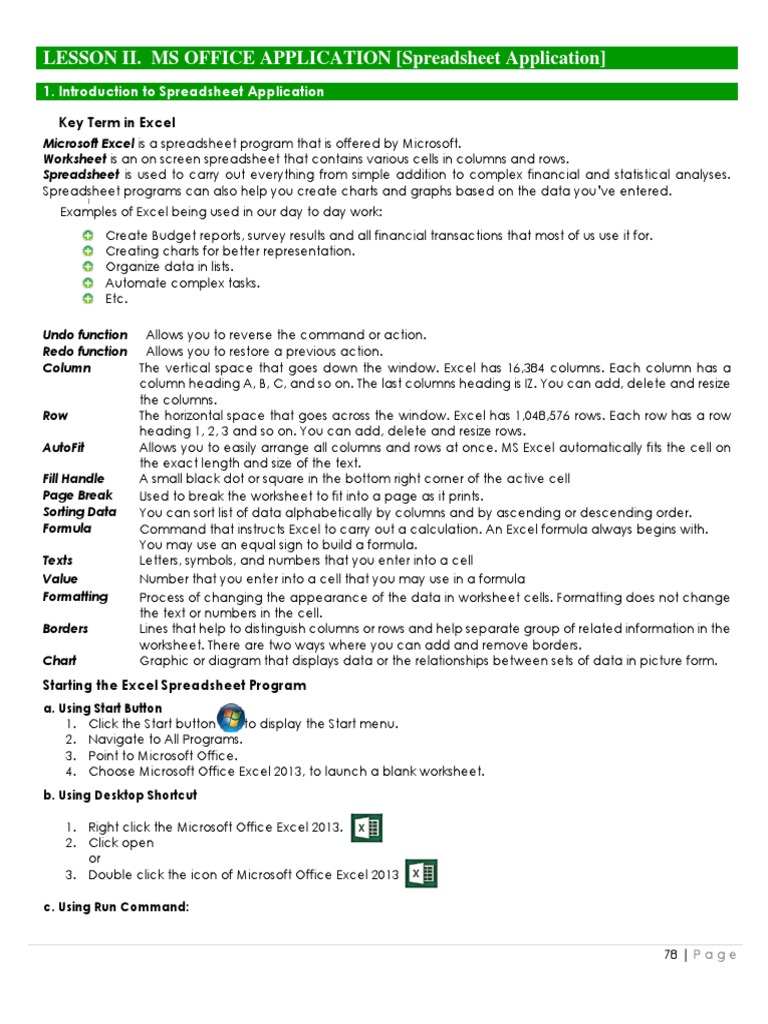 Module II B. Spreadsheet Application | PDF | Microsoft Excel | Spreadsheet