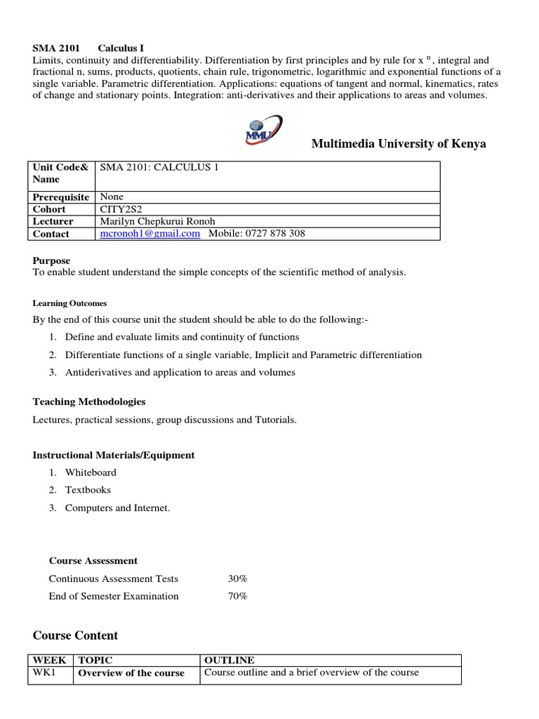 Calculus I Course Outline | PDF | Derivative | Calculus