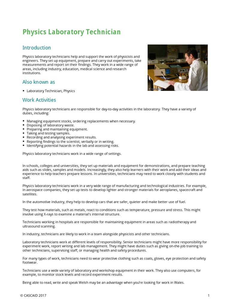 Physics Laboratory Technician | PDF | Apprenticeship | Laboratories