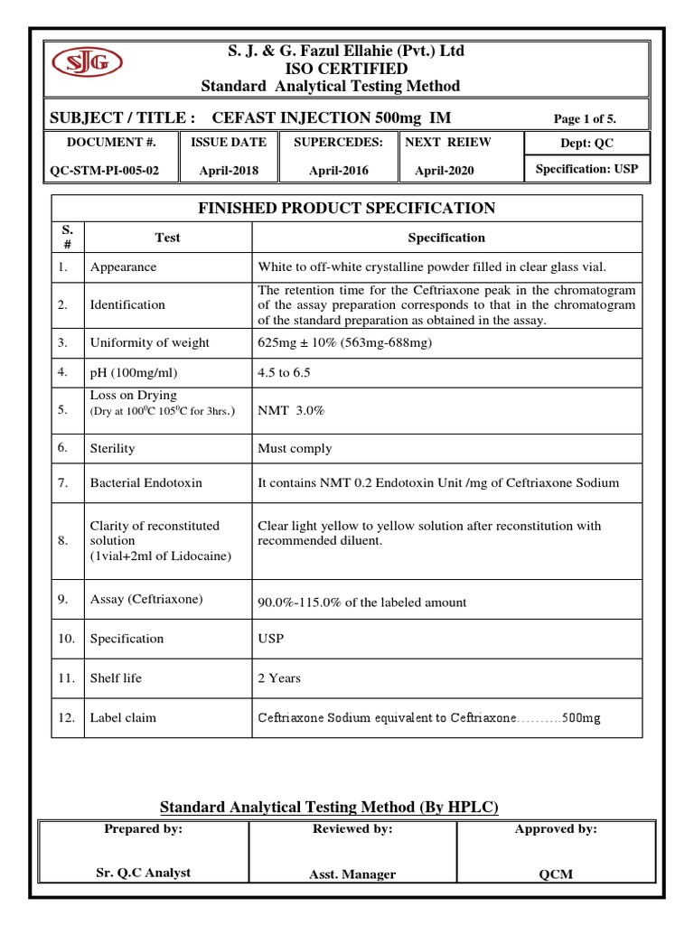 5.cefast 500mg Injection Im | PDF | Buffer Solution | Solubility