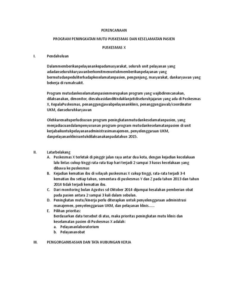 Contoh Kak Program Peningkatan Mutu Puskesmas Dan Keselamatan Pasien | PDF