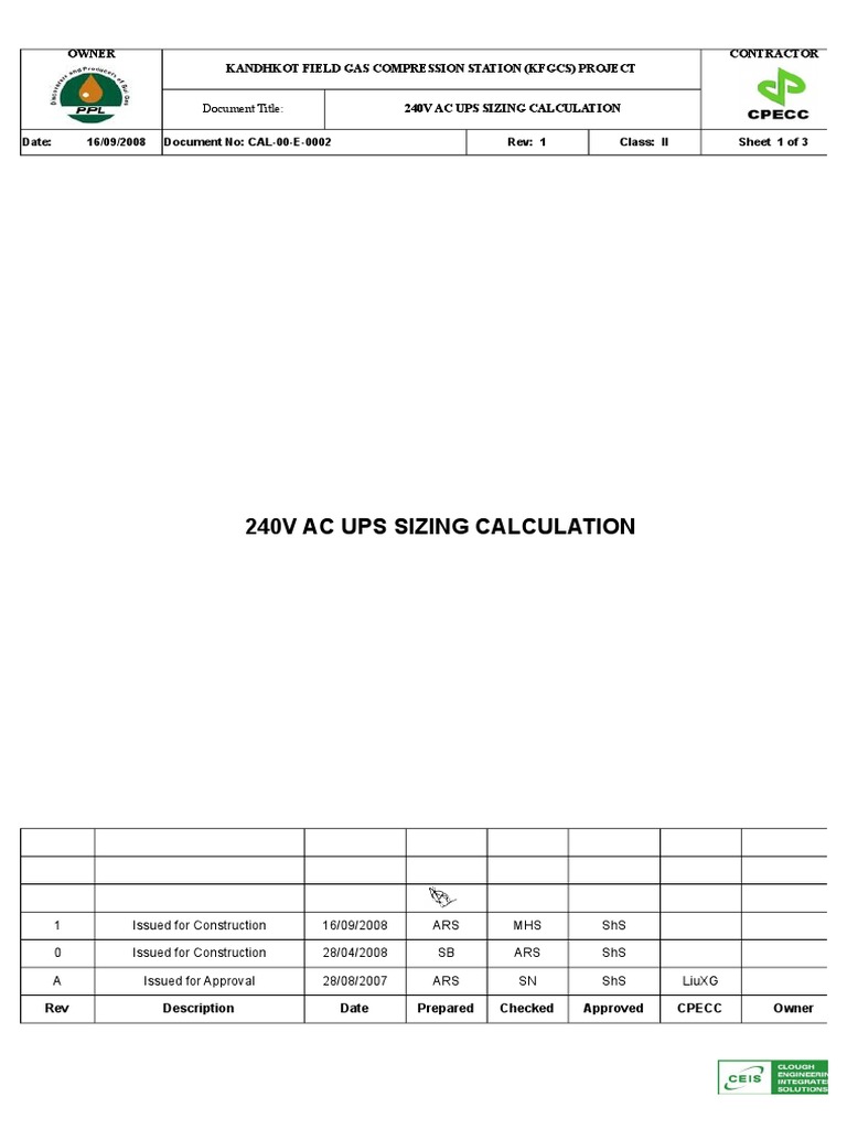 240V Ac Ups Sizing Calculation: Document Title | Download Free PDF ...