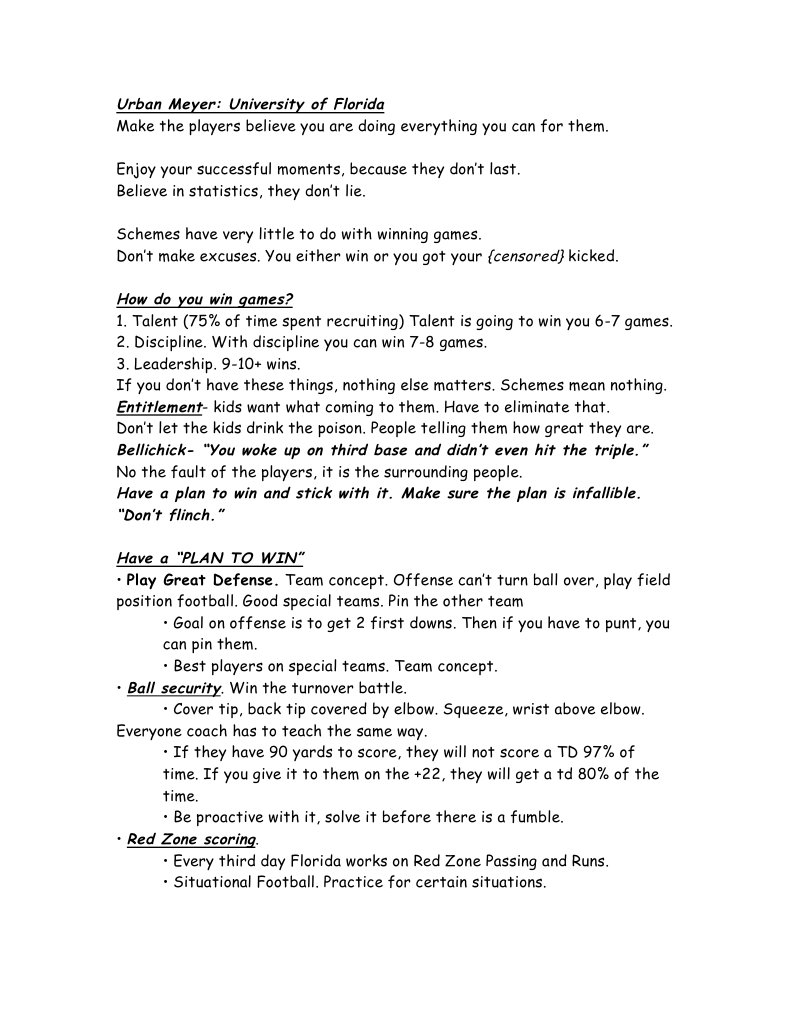 Urban Meyer-COY Clinic Notes | PDF | Team Sports | Ncaa Division I Fbs ...
