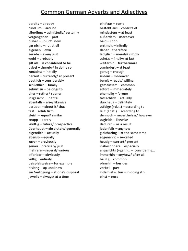 Common German Adverbs and Adjectives | PDF