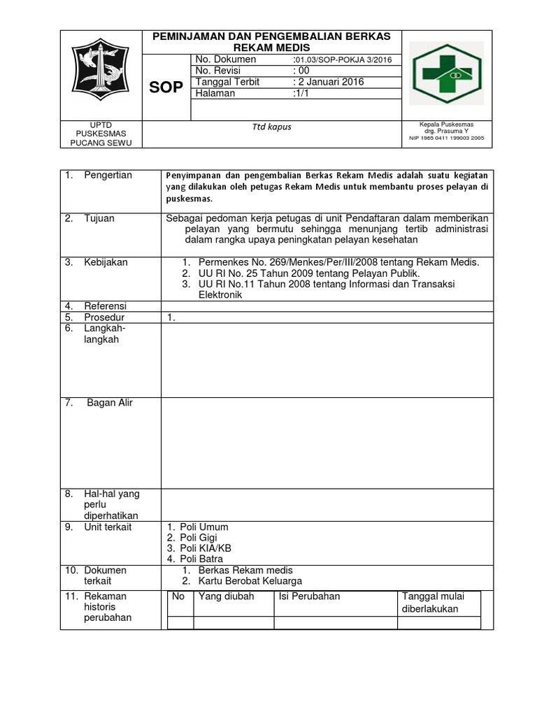 Sop Peminjaman Dan Pengembalian Berkas Rekam Medis | PDF