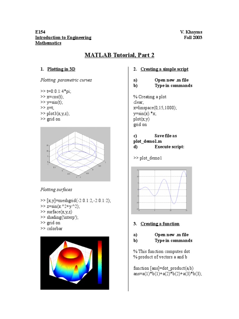 Matlab Tutorial Part 2 Plotting Parametric Curves Pdf Matlab Function Mathematics