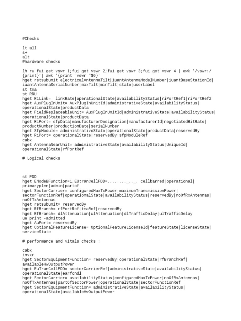 Ericsson commands for checks