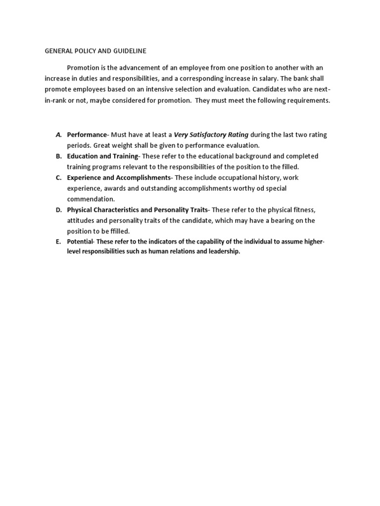 A. Performance-Must Have at Least A Very Satisfactory Rating During The ...