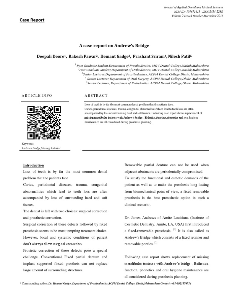 A Case Report On Andrew's Bridge | PDF | Dental Implant | Prosthodontics