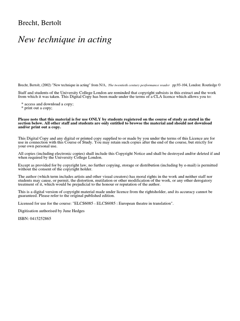 New Technique in Acting: Brecht, Bertolt | PDF | Copyright
