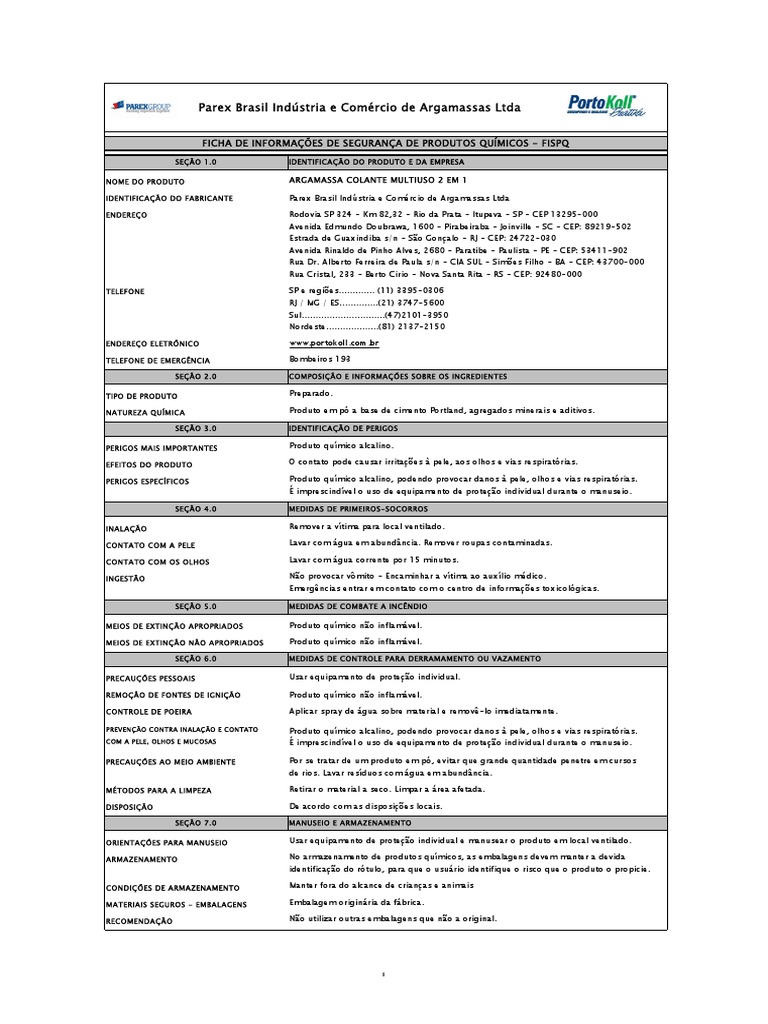 FISPQ Argamassa Colante Multiuso 2 em 1 | PDF | Embalagem e rotulagem | Natureza