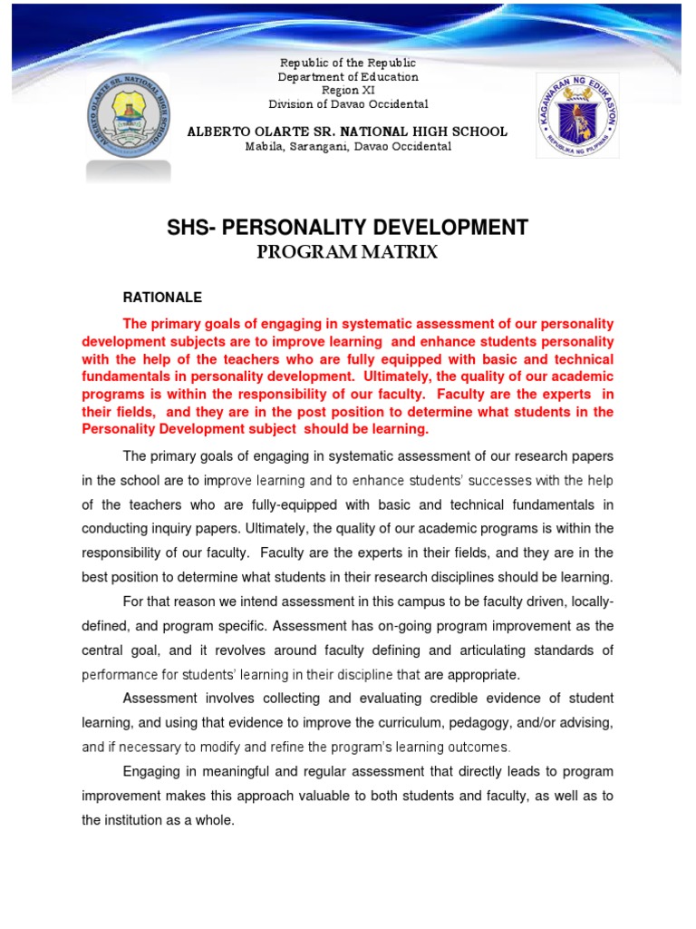 Shs-Personality Development: Program Matrix | PDF | Evaluation | Teachers