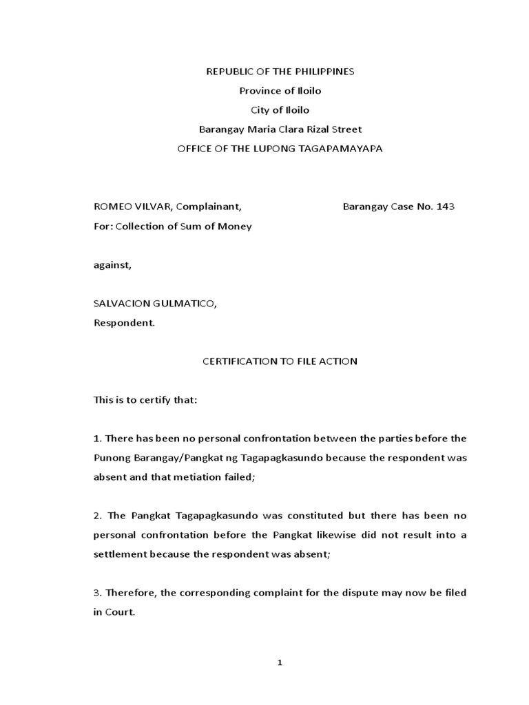 Certificate to File Action - Barangay Sample | PDF