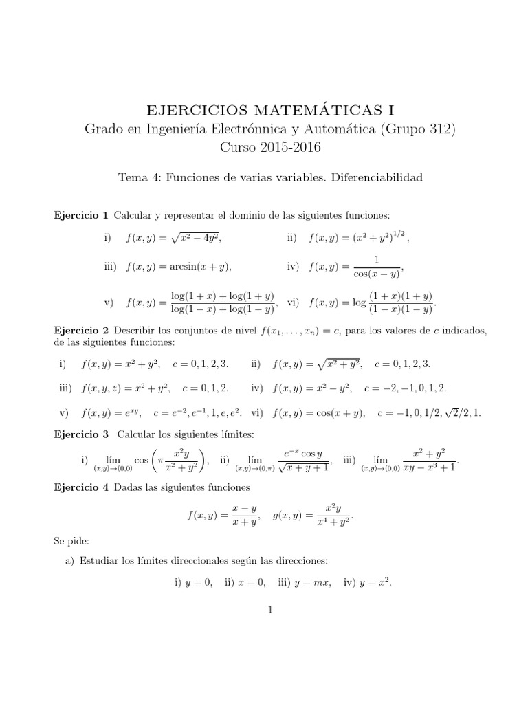 Ejercicios Funciones de Varias Variables PDF | PDF | Derivado | Matemática Elemental
