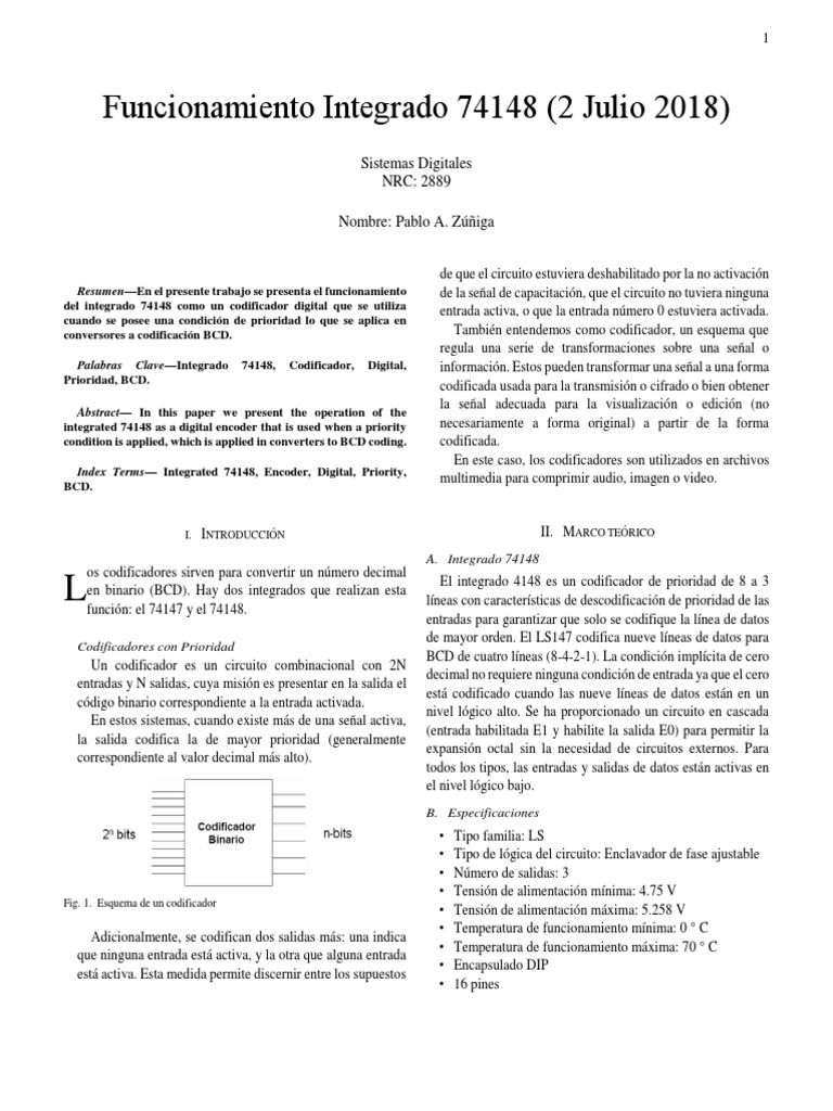 Funcionamiento Integrado 74148 | PDF | Decimal codificado en binario ...