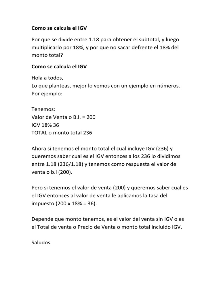 Como Se Calcula El IGV | PDF