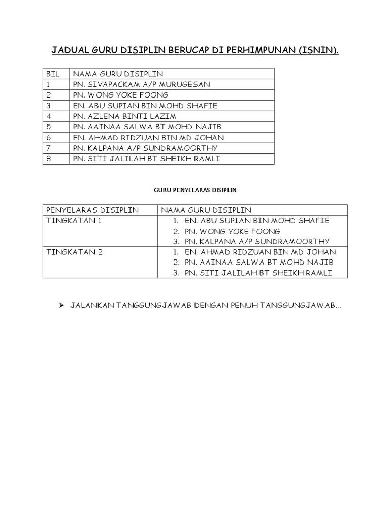 Jadual Guru Disiplin Berucap Di Perhimpunan | PDF