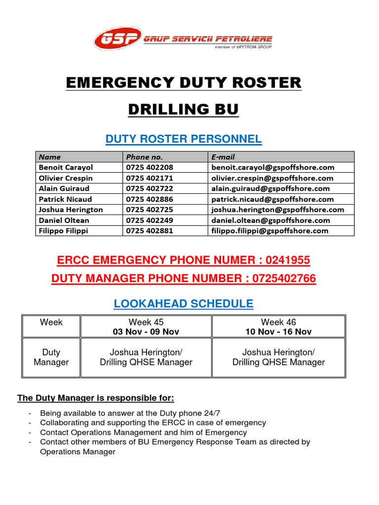 Emergency Duty Roster Drilling Bu | PDF