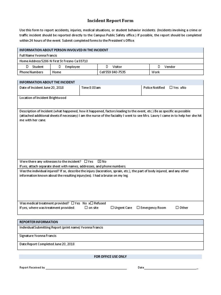 Incident Report for Injury at Work | PDF