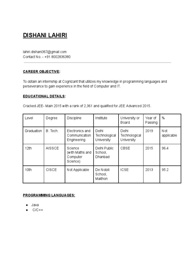 Cognizant Fresher Resume Example | PDF | Computing | Computing And ...