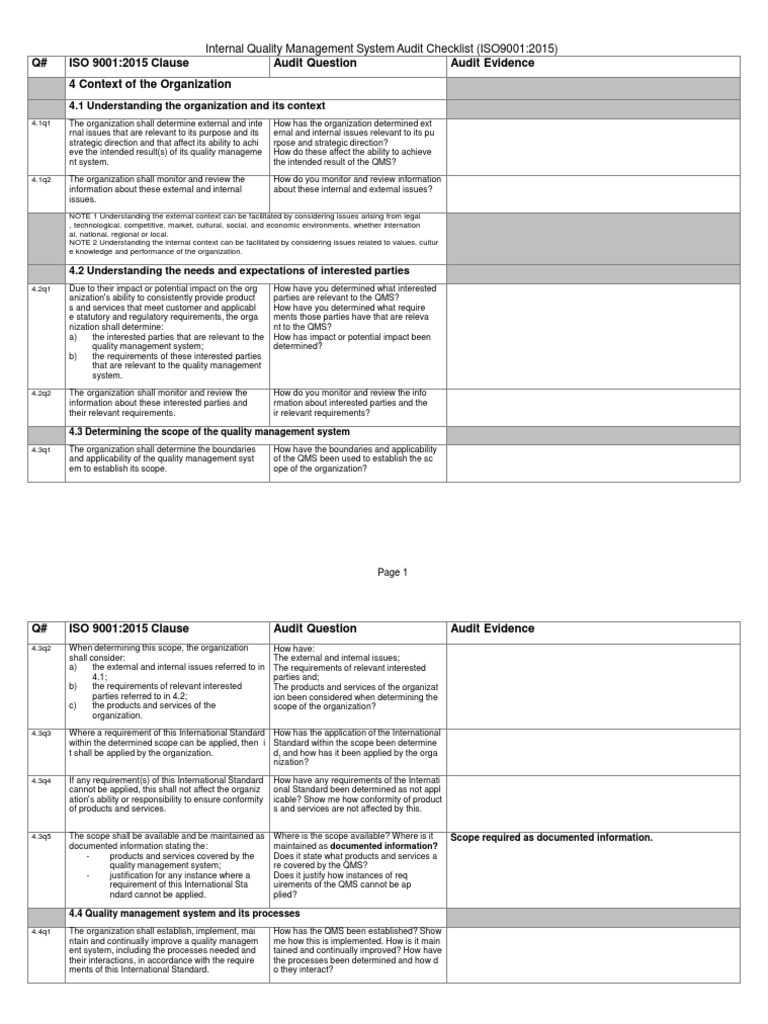 Internal Quality Management System Audit Checklist (ISO9001:2015) | PDF ...