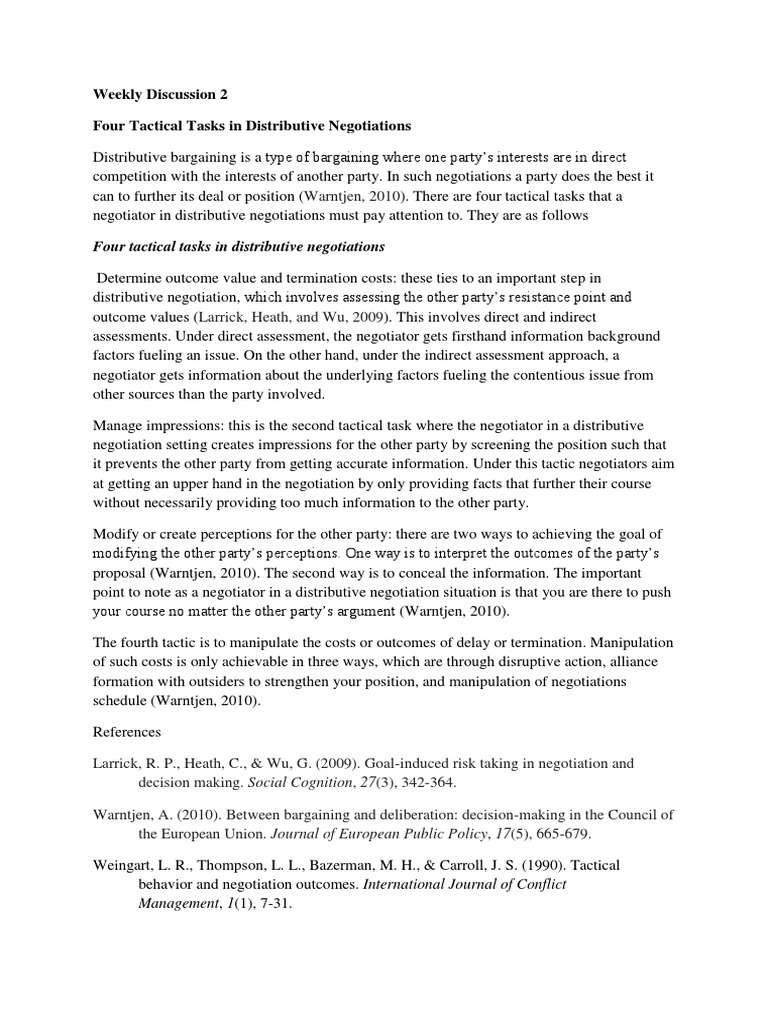 Four Key Tactics in Distributive Negotiation | PDF | Negotiation | Bargaining