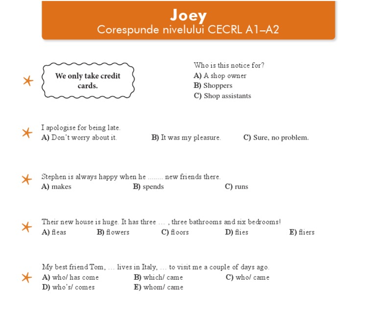 A1-A2 English Language Practice Quiz | PDF