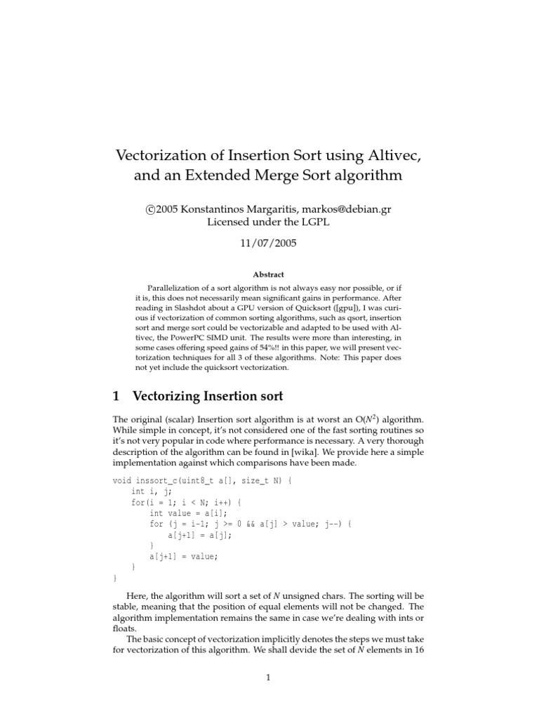 Vectorization Of Insertion Sort Using Altivec Pdf Array Data Structure Theoretical