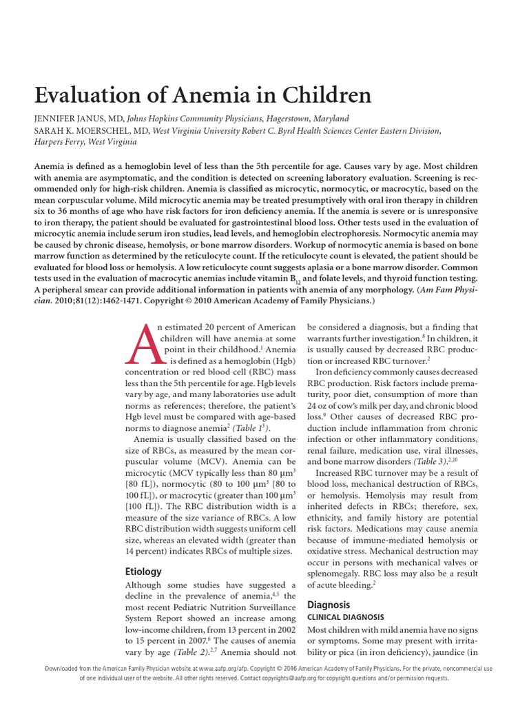 Evaluation of Anemia in Children | PDF | Anemia | Red Blood Cell