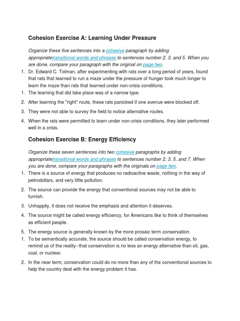 Cohesion Exercise A | PDF | Energy Development | Nature
