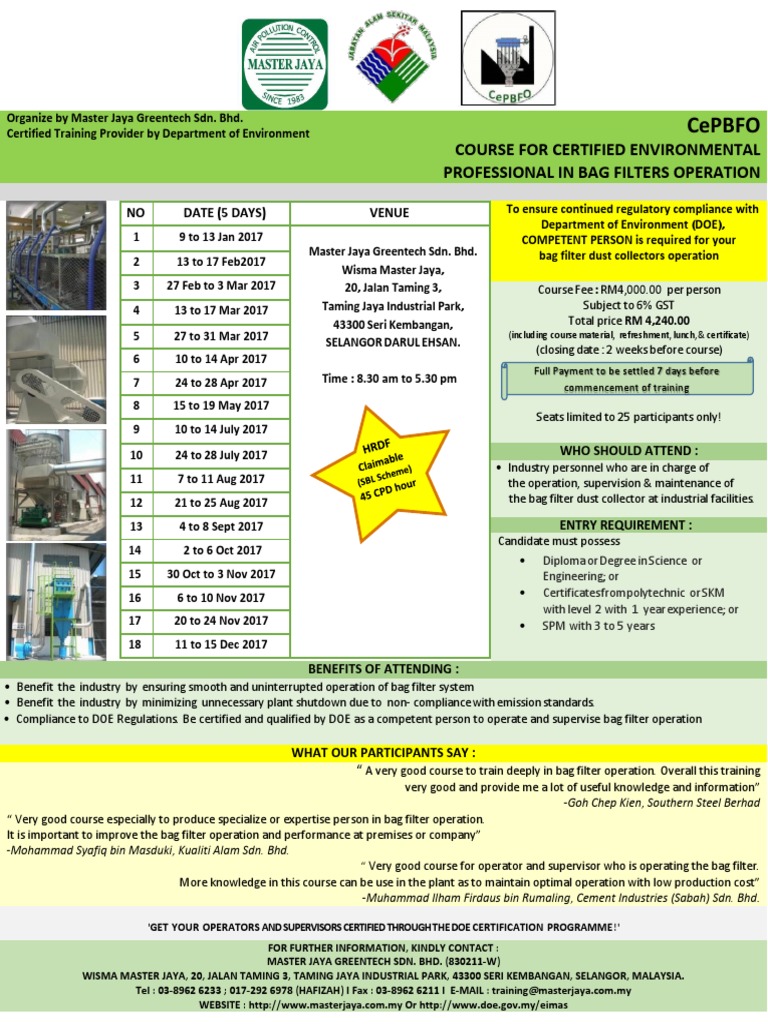 Cepbfo: Course For Certified Environmental Professional in Bag Filters ...