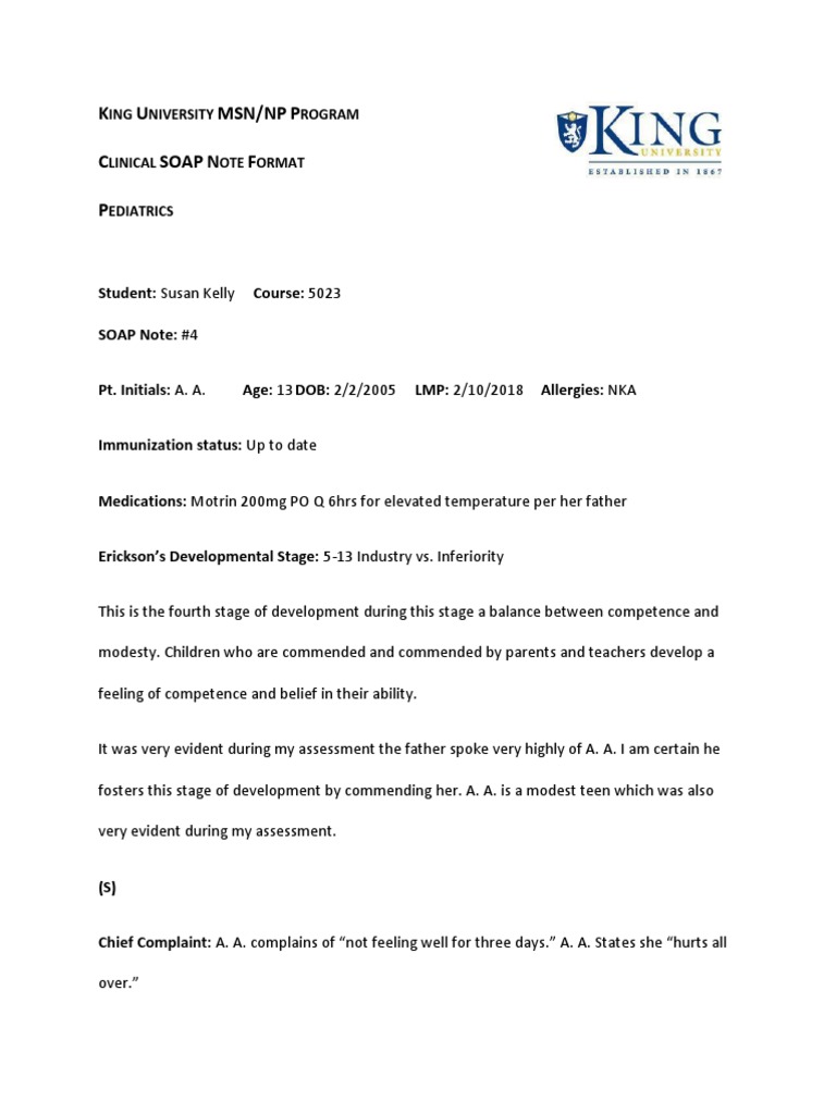 Peds 4 Soap Note S Kelly 5023 100 From Kelly | PDF | Medical Diagnosis ...