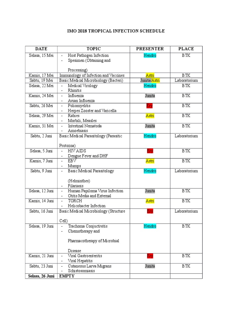 Imo Tropical Infection Schedule | PDF | Medical Microbiology | Infection