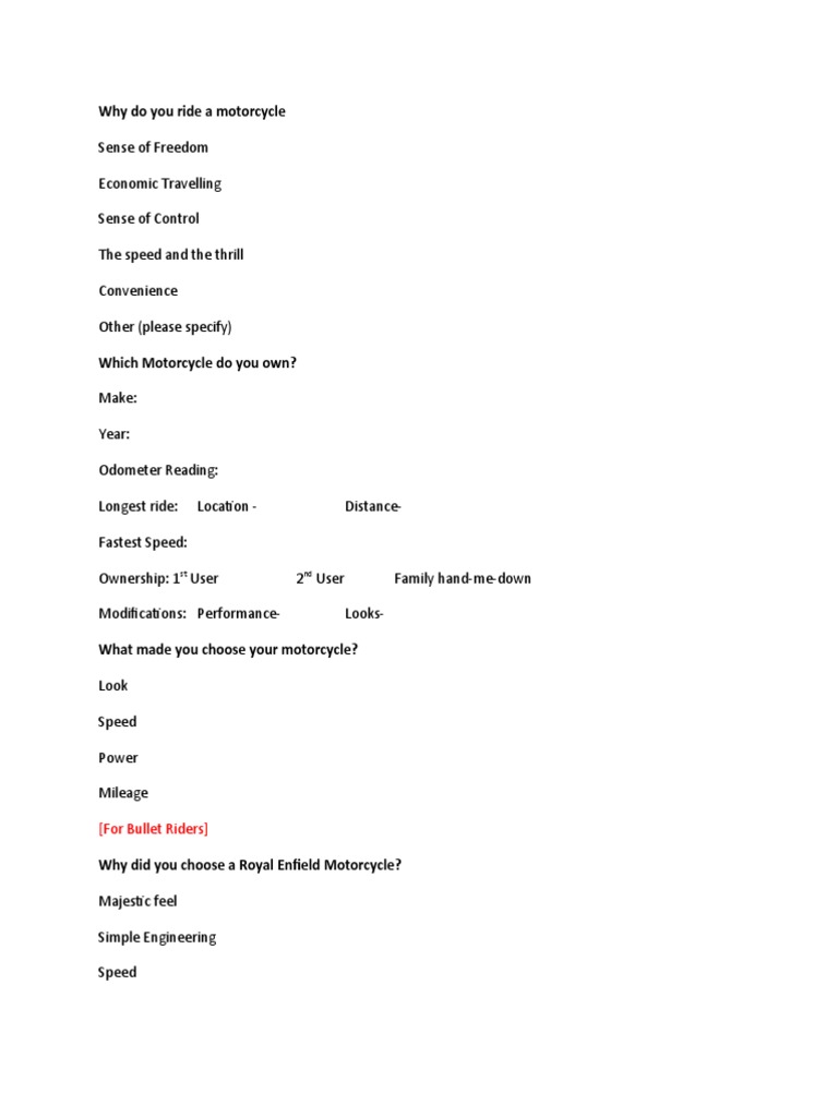 Motorcycle Ownership Insights Survey | PDF | Motorcycle | Motor Vehicle