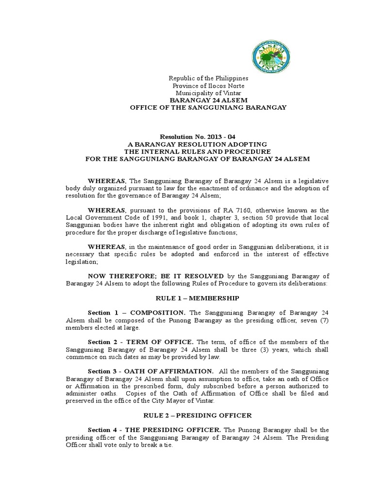 Sample - Internal Rules and Procedure | PDF | Quorum | Oath Of Office