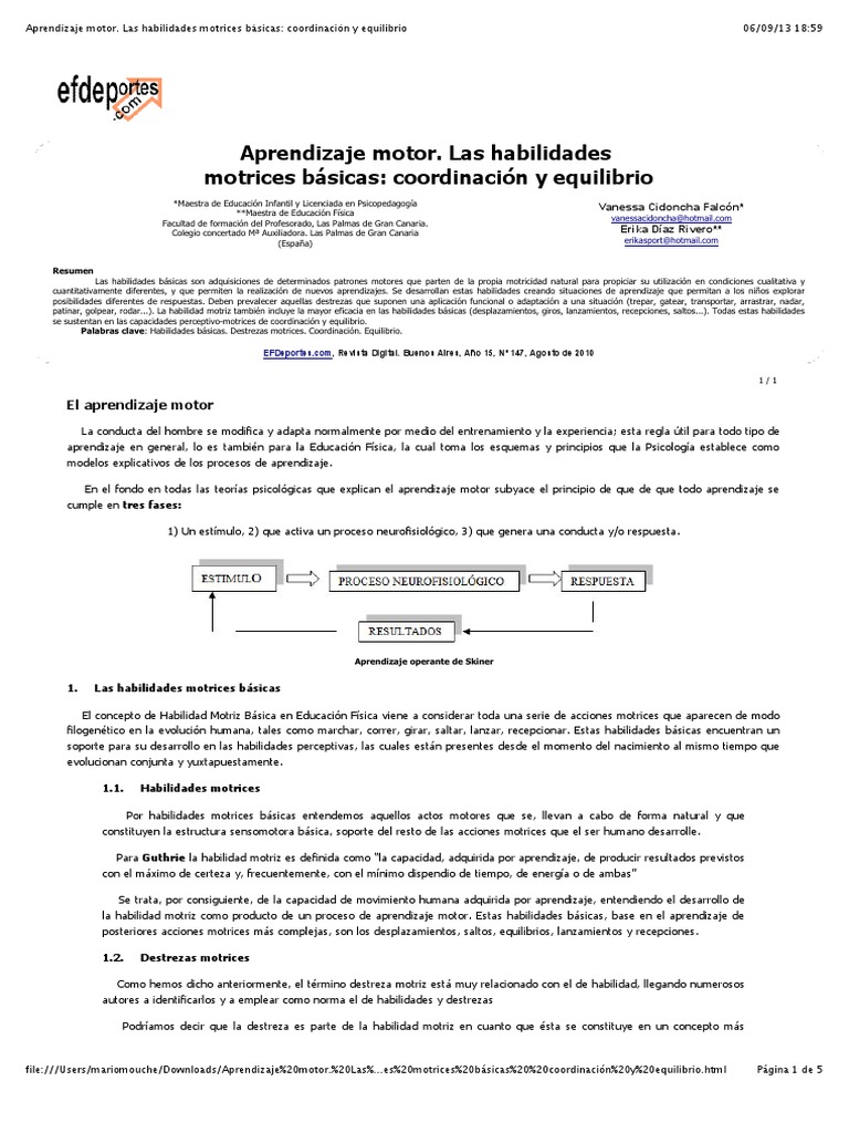 Aprendizaje Motor. Las Habilidades Motrices B Sicas Coordinaci N y Equilibrio PDF | PDF ...